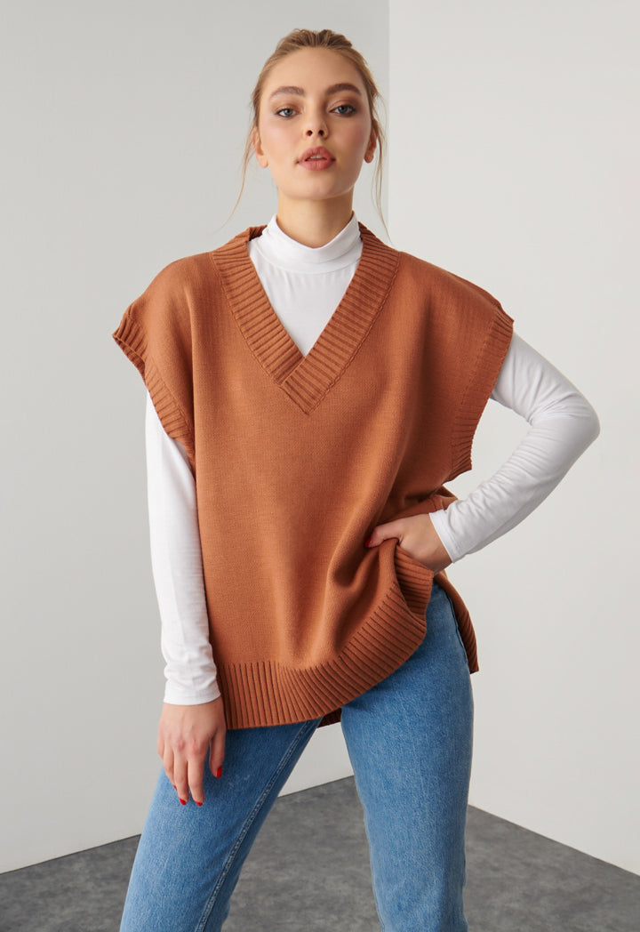 V Neck Ribbed Knitted Vest Free Size – ZAY